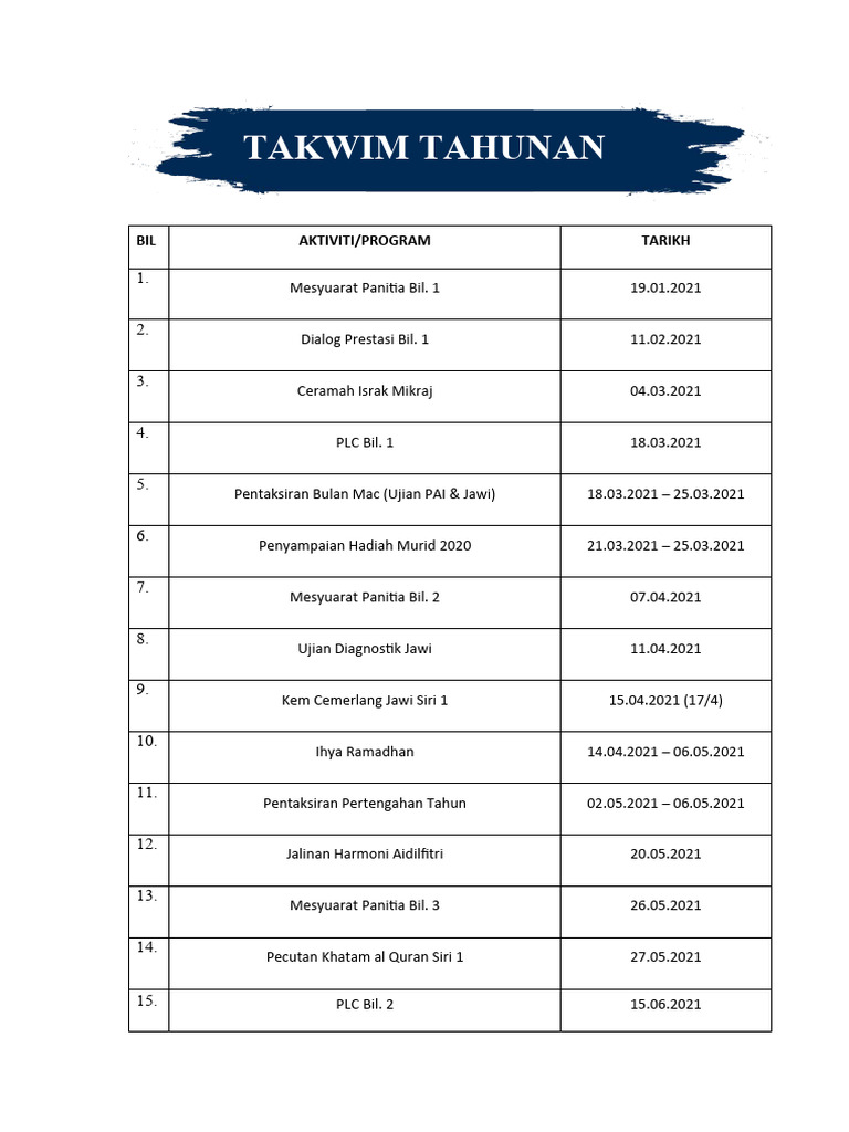 Takwim Tahunan Panitia Pend Islam 2021 | PDF