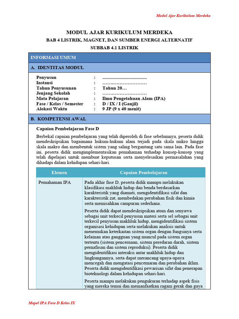 Modul Ajar Bab 4 Listrik, Magnet, Dan Sumber Energi Alternatif | PDF