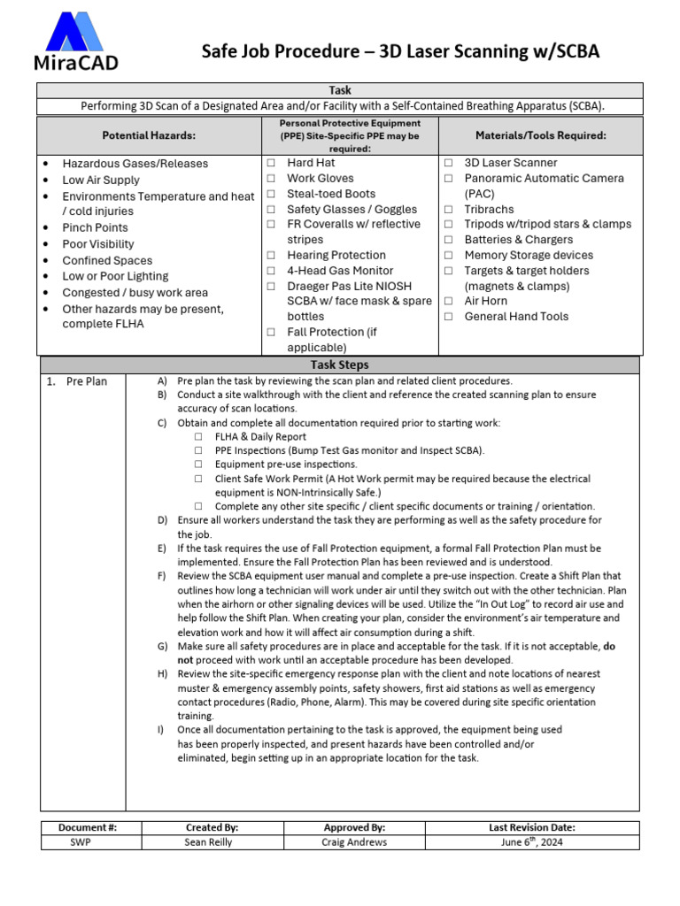 Laser Scanning With SCBA - MiraCAD Tech Safe Job Procedure | PDF ...