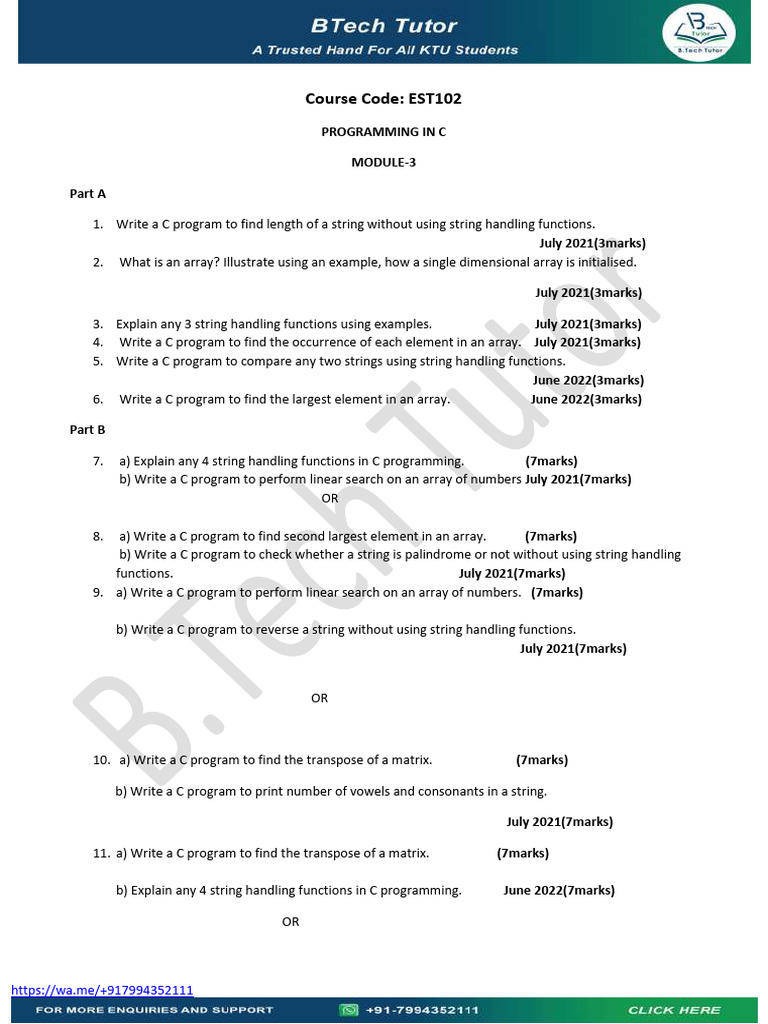 C Programme Module 3 Question Pdf String Computer Science Matrix Mathematics