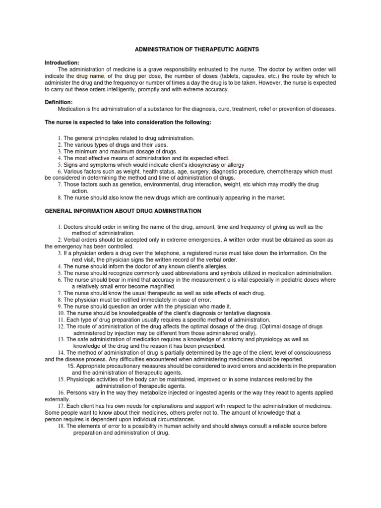 Administration Of Therapeutic Agents Pdf Injection Medicine