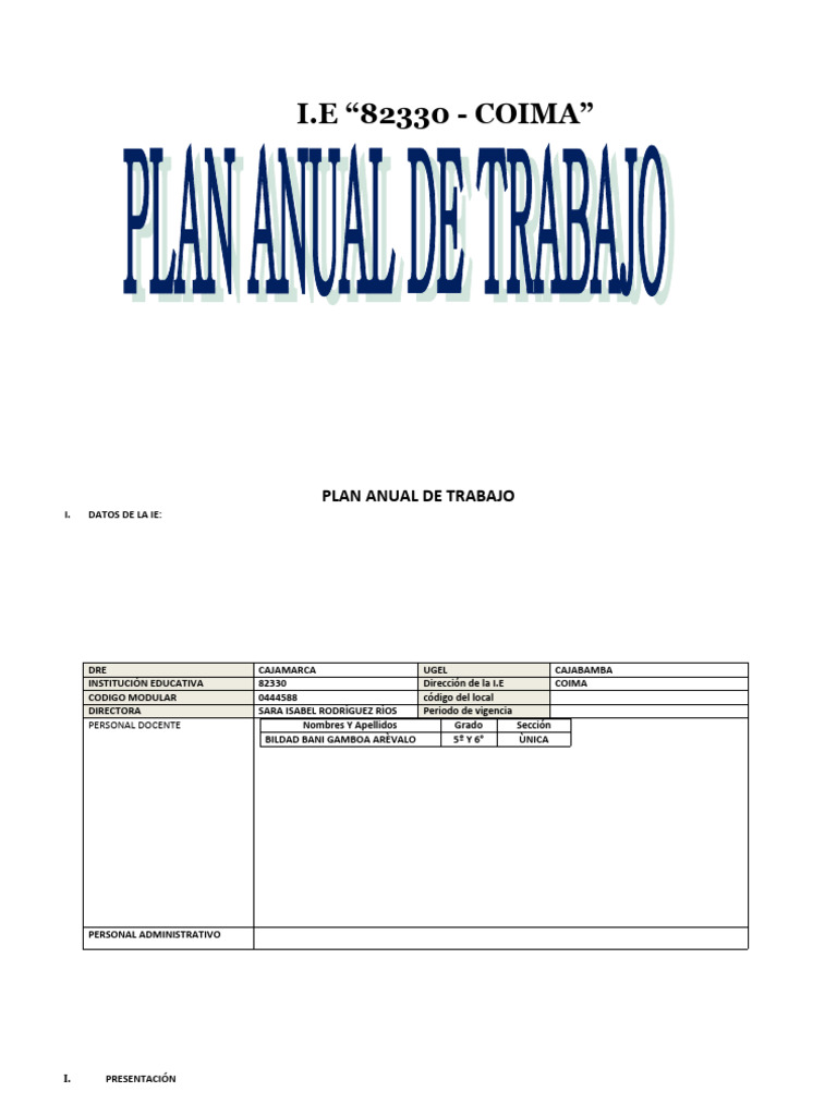 Plan Anual de Trabajo 2024 - I.E. 82330 | PDF | Enseñando | Salón de clases