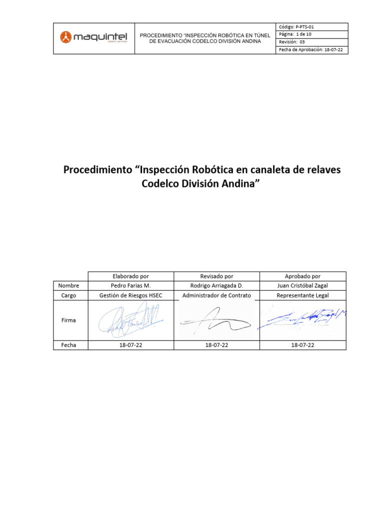 P-PTS-01 Inspección Robótica en Canal de Relaves DAND (Rev.03) | PDF ...