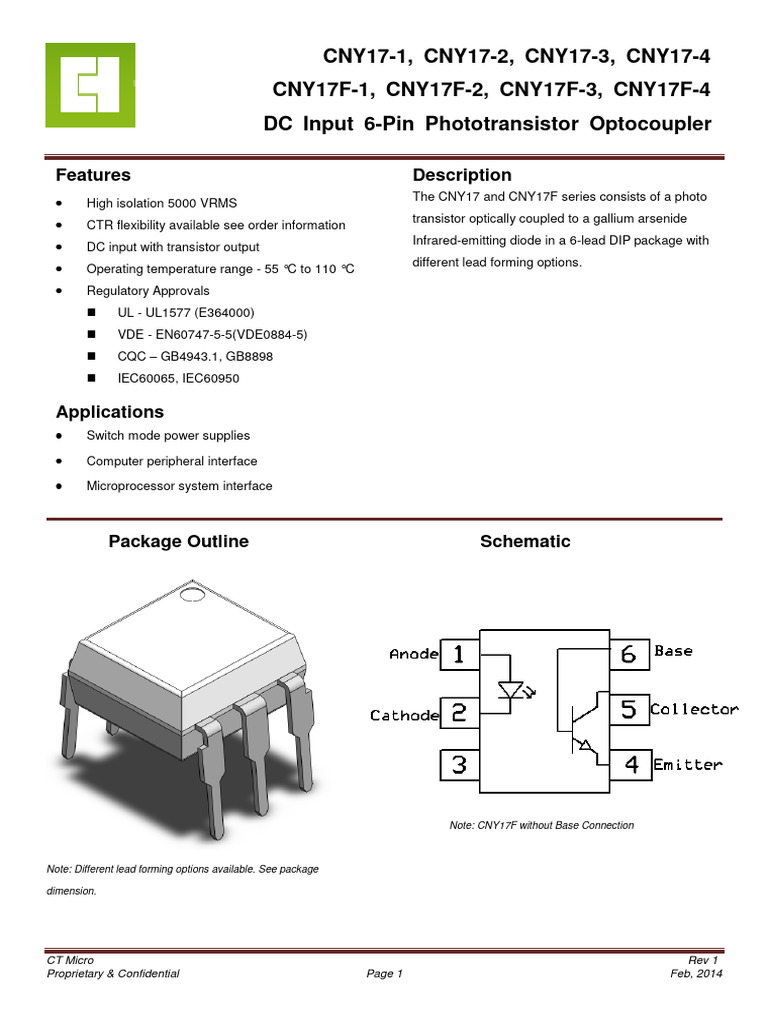 CNY17 Series Optocoupler Datasheet | PDF | Transistor | Electromagnetism