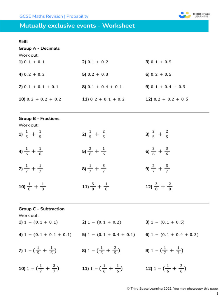Mutually Exclusive Event Worksheet | PDF | Probability | Arithmetic