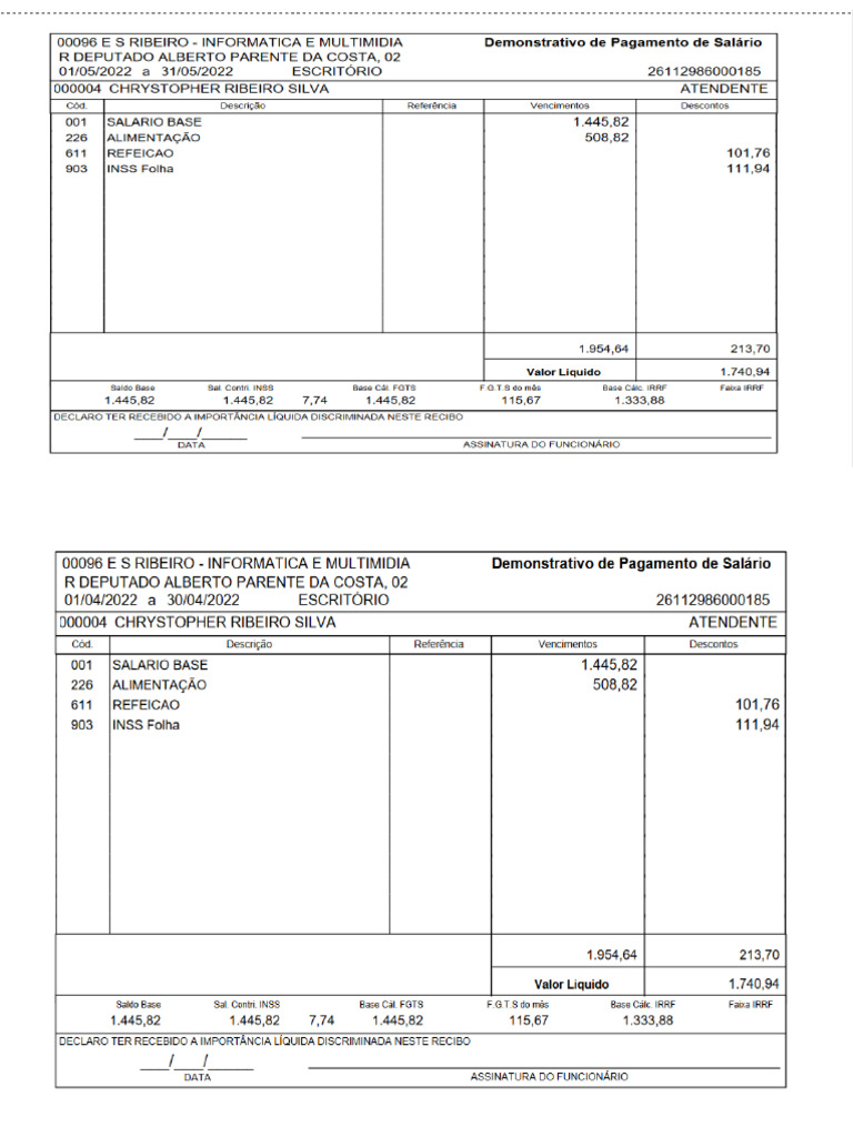 Contra Cheque Chrystopher Mês 4 e 5 2022 | PDF