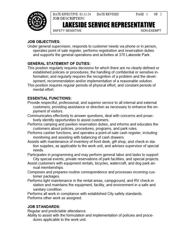 Lakeside Service Representative | PDF | Safety | Point Of Sale
