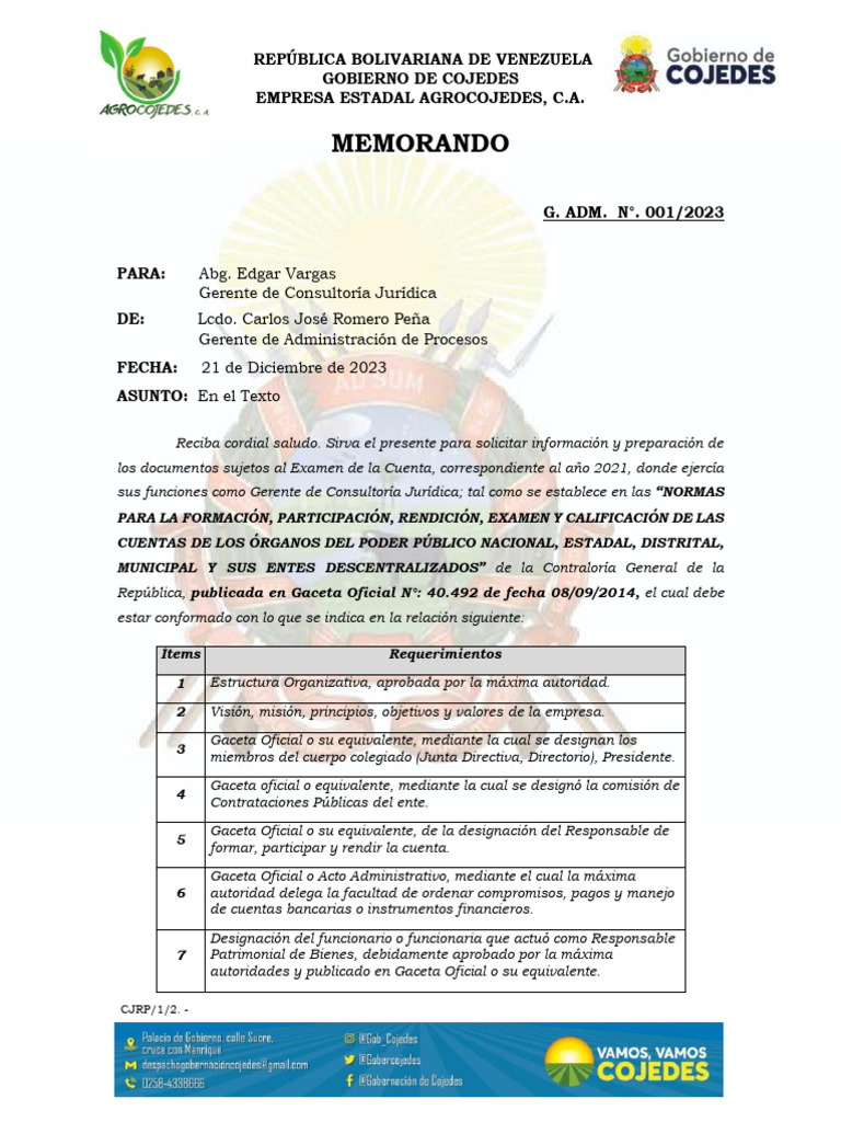 Memorando Examen de La Cuenta 2023 | PDF | Presupuesto | Venezuela