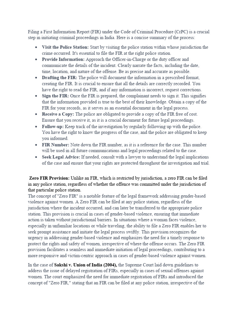 Filing A First Information Report (FIR) Under The Code of CR | PDF ...