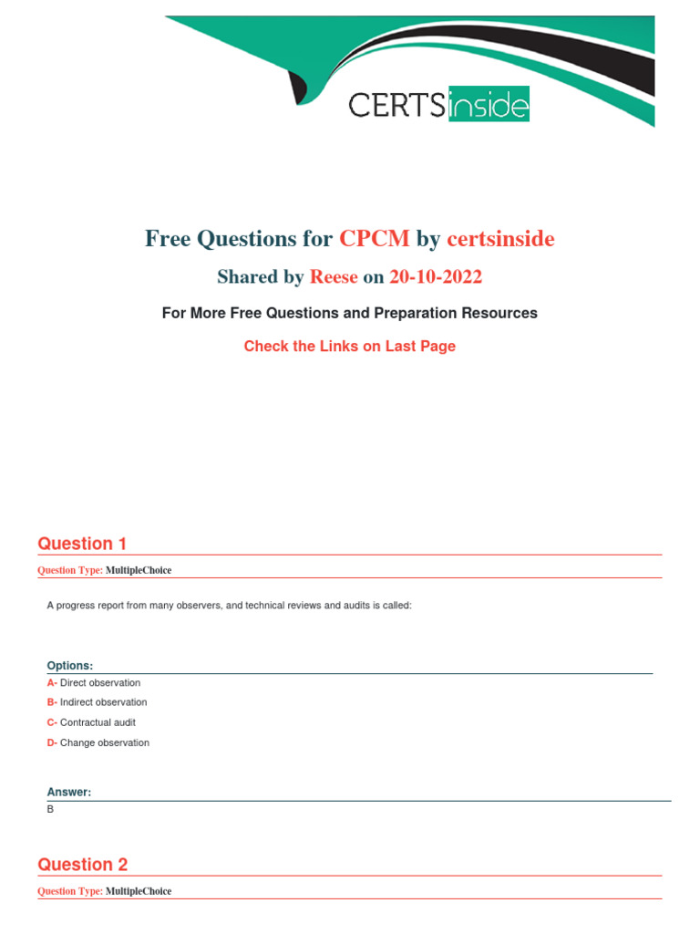 Free CPCM Exam Questions and Answers | PDF | Audit | Sales