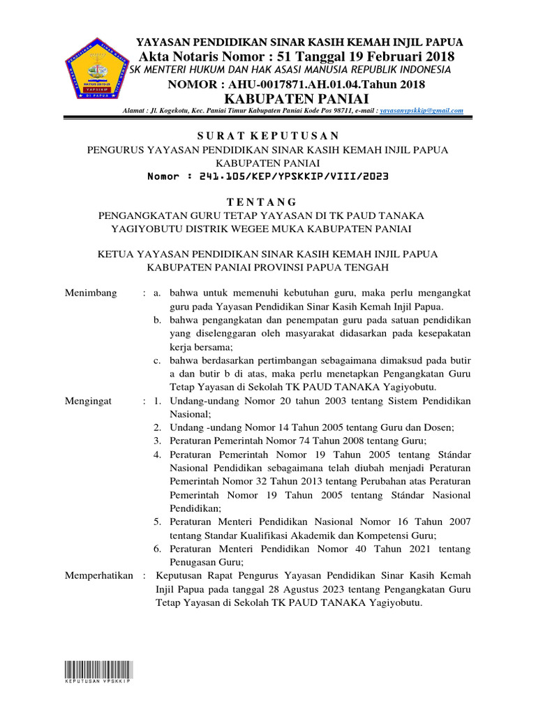 Surat Keputusan Pengangkatan GTK Yance Gobai | PDF