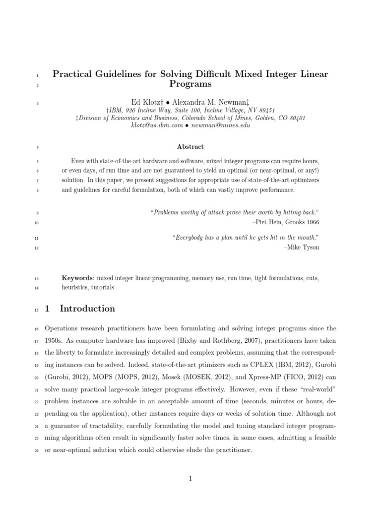 Practical Guidelines For Solving Difficult Mixed Integer Linear Programs | PDF | Linear ...