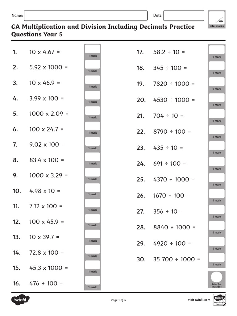CA Multiplication and Division Including Decimals Practice Questions ...