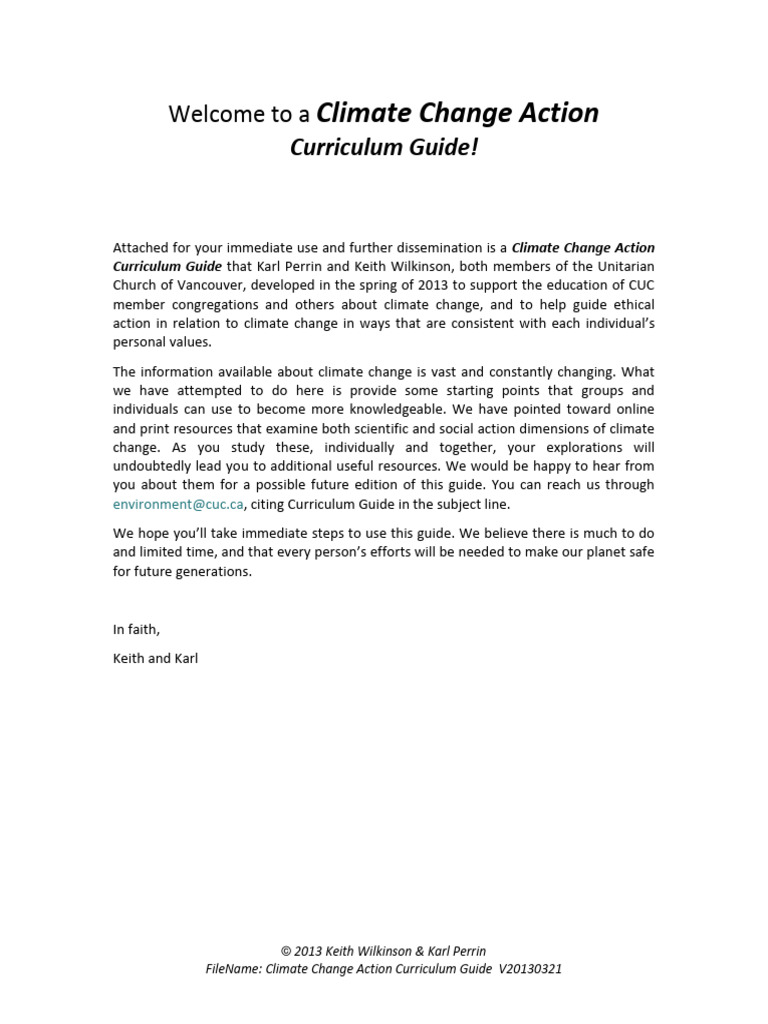 CUC Climate Change Action Curriculum Guide | PDF | Climate Change ...