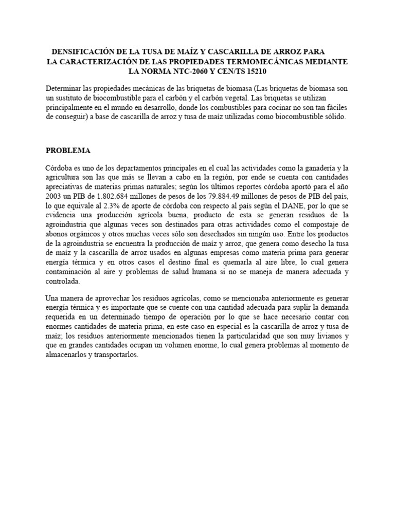 Densificación de La Tusa de Maíz y Cascarilla de Arroz Isaac y Ricardo ...