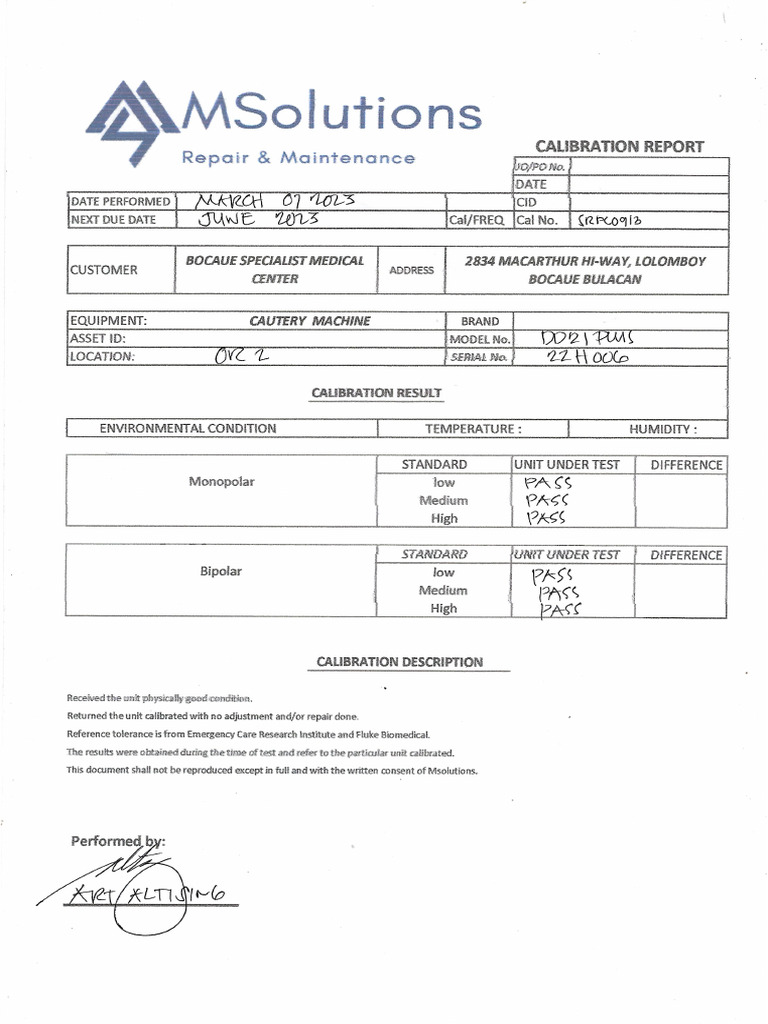 Cautery Machine Cal. Report 8-3-23 | PDF