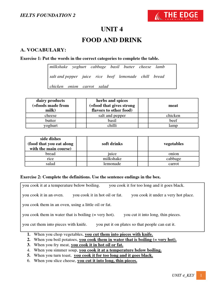 Unit 4 - Answer Key | PDF | Tableware | Cooking Unit 4 - Answer Key | PDF | Tableware | Cooking