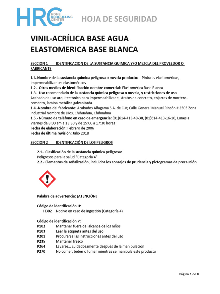 Hoja de Seguridad Elastomerica Blanca | PDF | Agua | Dióxido de carbono