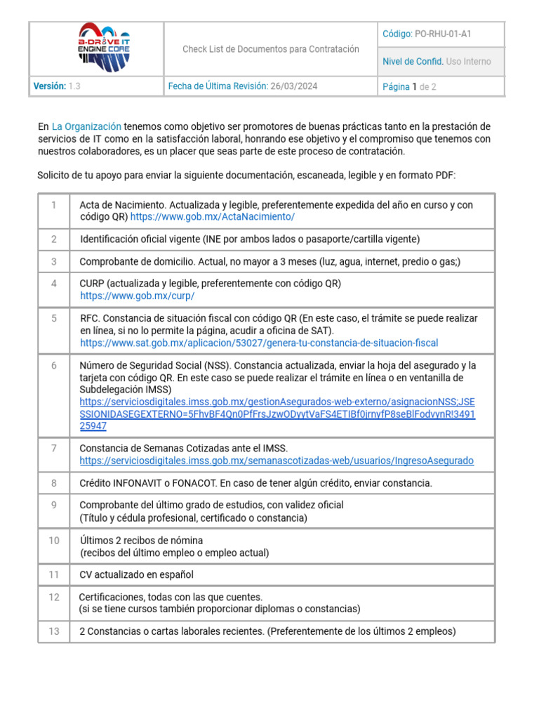PO-RHU-01-A1 Check List de Documentos para Contratacion | PDF