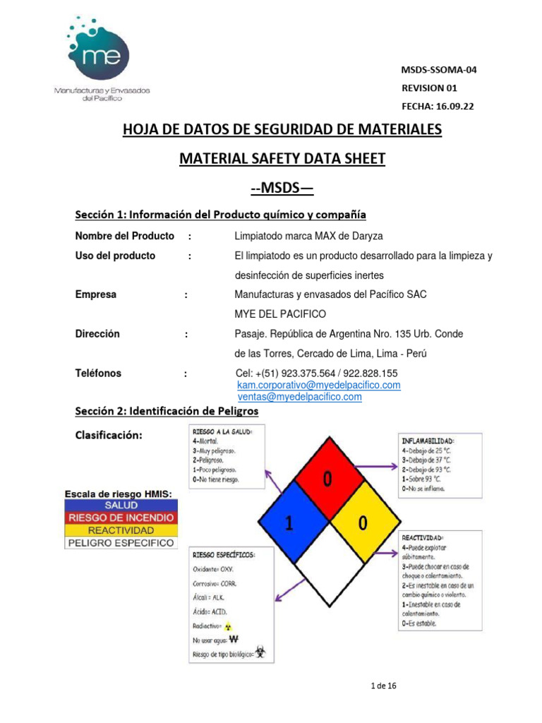 Msds Limpiatodo Antibacterial Max de Daryza | PDF | Agua | Administración de Seguridad y Salud ...