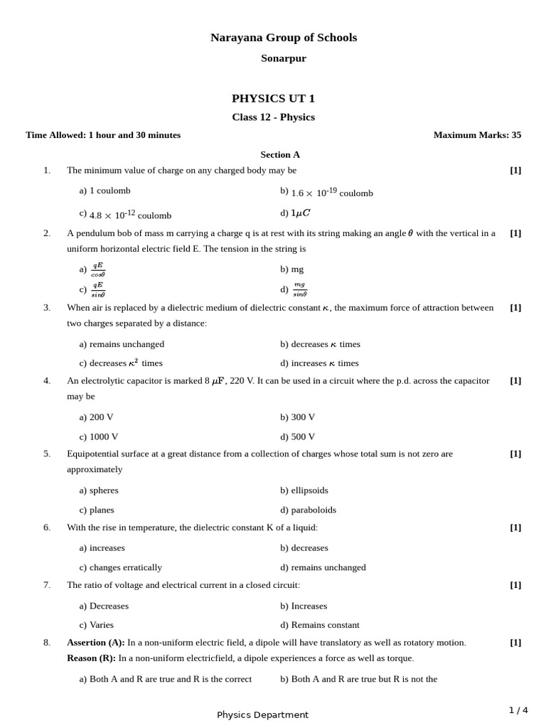 Physics Class 12 UT 1 Practice Paper | PDF | Capacitor | Electrical Resistivity And Conductivity