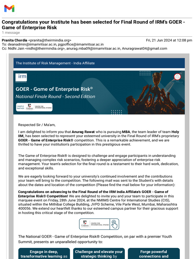 Gmail - Congratulations Your Institute Has Been Selected For Final ...