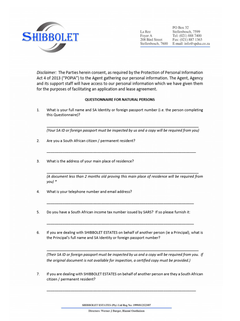 Questionnare Natural Person | PDF | Passport | Power Of Attorney