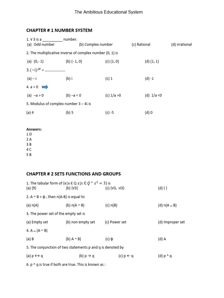 Ambitious Inter 1 Math Imp Mcqs (Taleem Asaan) | PDF | Numbers ...