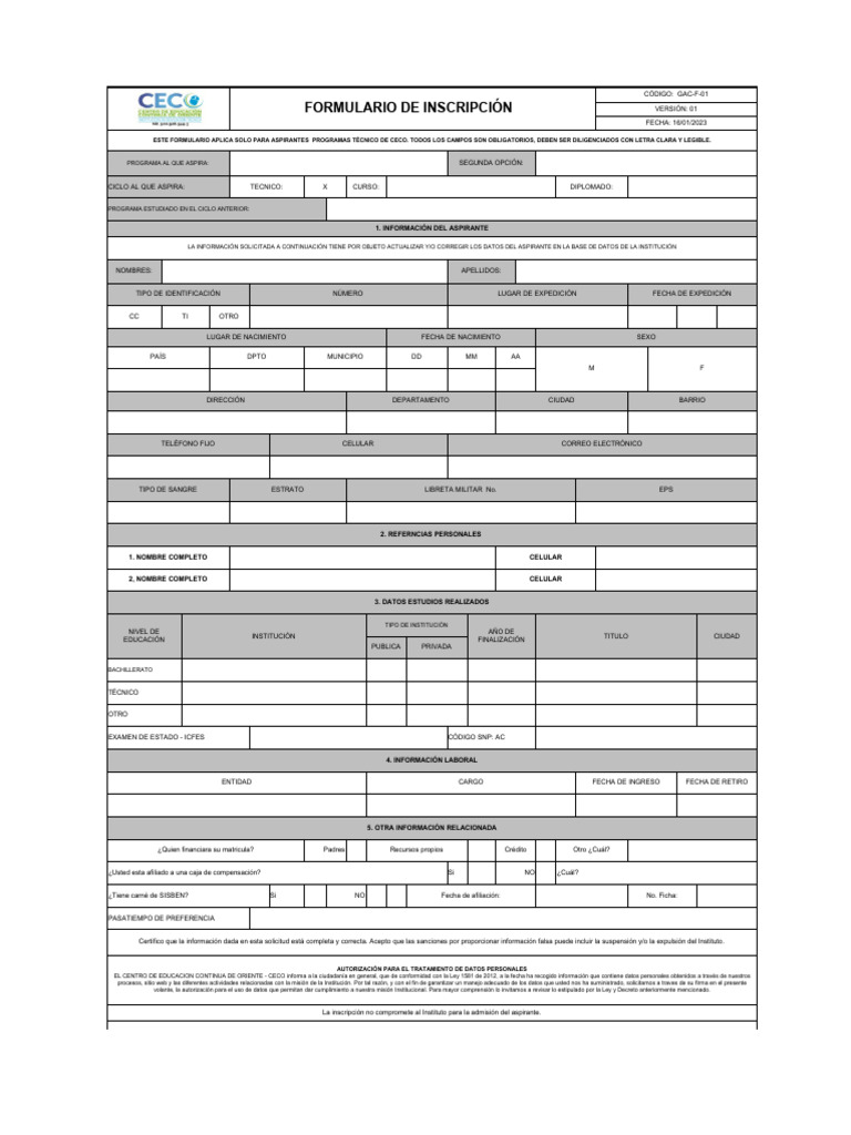 Gac-F-01 Formato de Inscripción Ceco | PDF