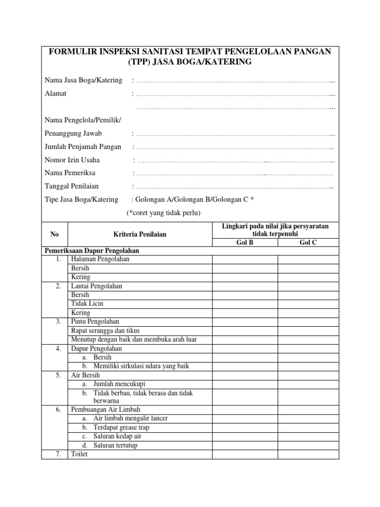 Formulir Inspeksi Sanitasi Tempat Pengelolaan Pangan Dapur Asrama Haji ...