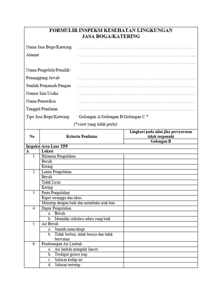 Formulir Inspeksi Kesehatan Jasa Boga | PDF