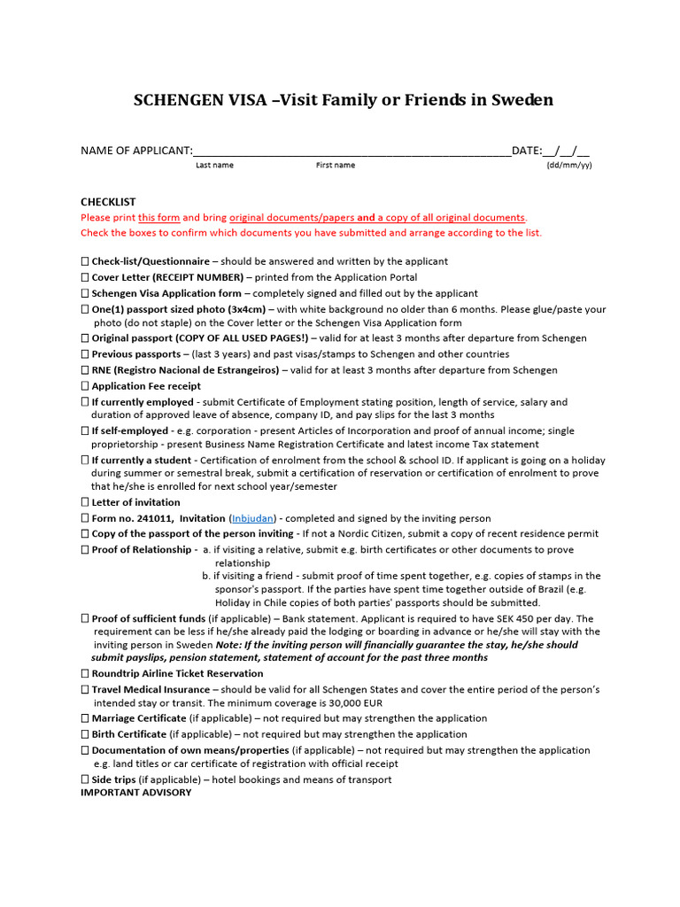 Schengen-Visa Family Friends Checklist Sweden | PDF | Passport | Travel Visa