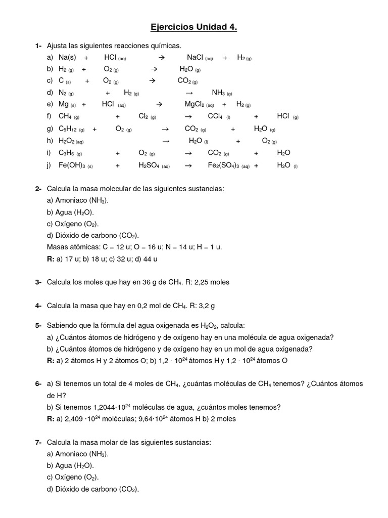 Ejercicios Moles, Moléculas, Etc | PDF | Mole (Unidad) | Amoníaco