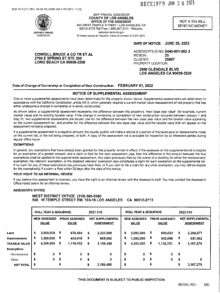 Cowgill - 2560 Glendale BLVD Notice of Supplemental Assessment | PDF