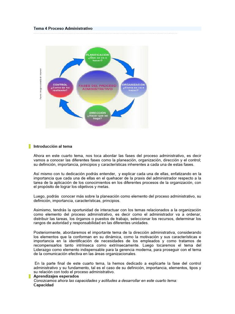 Tema 4 Proceso Administrativo | PDF | Planificación | Liderazgo