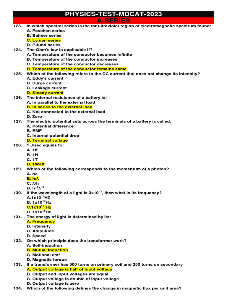Mdcat-2023 Physics Portion | PDF | Magnetic Field | Waves