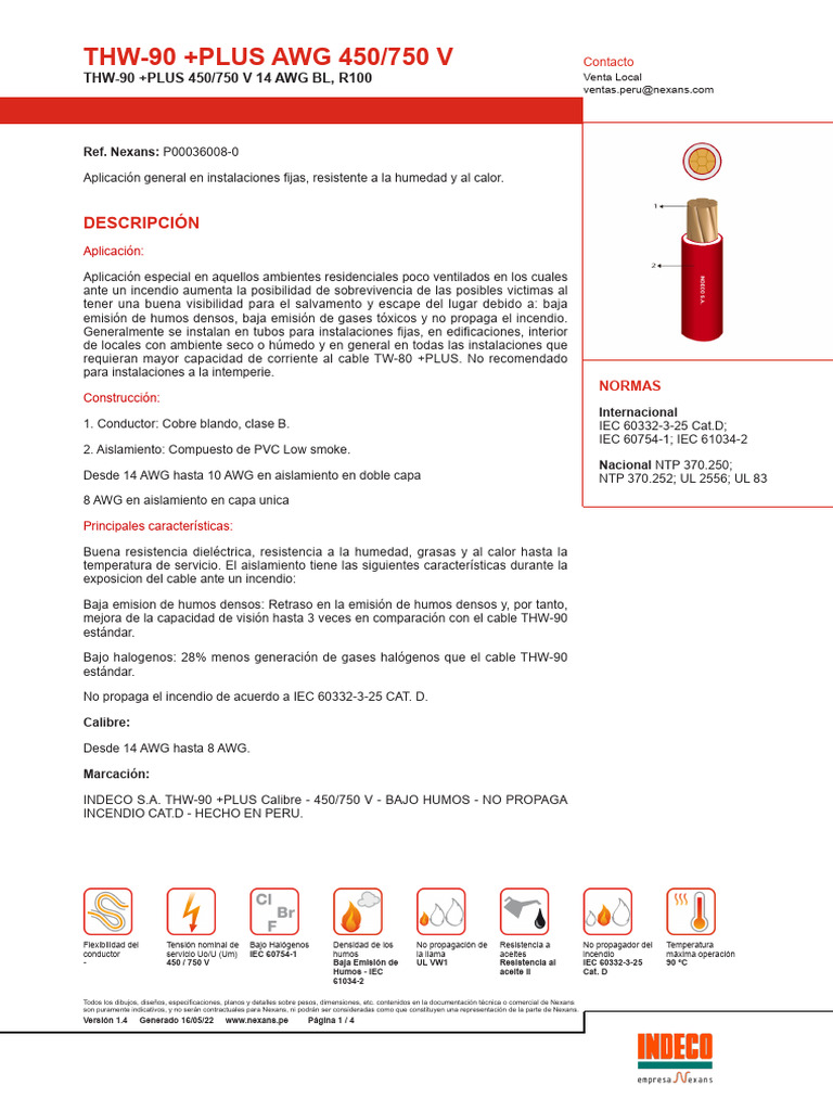 Ficha Tecnica Conductor THW-90 | PDF | Aislador (Electricidad ...