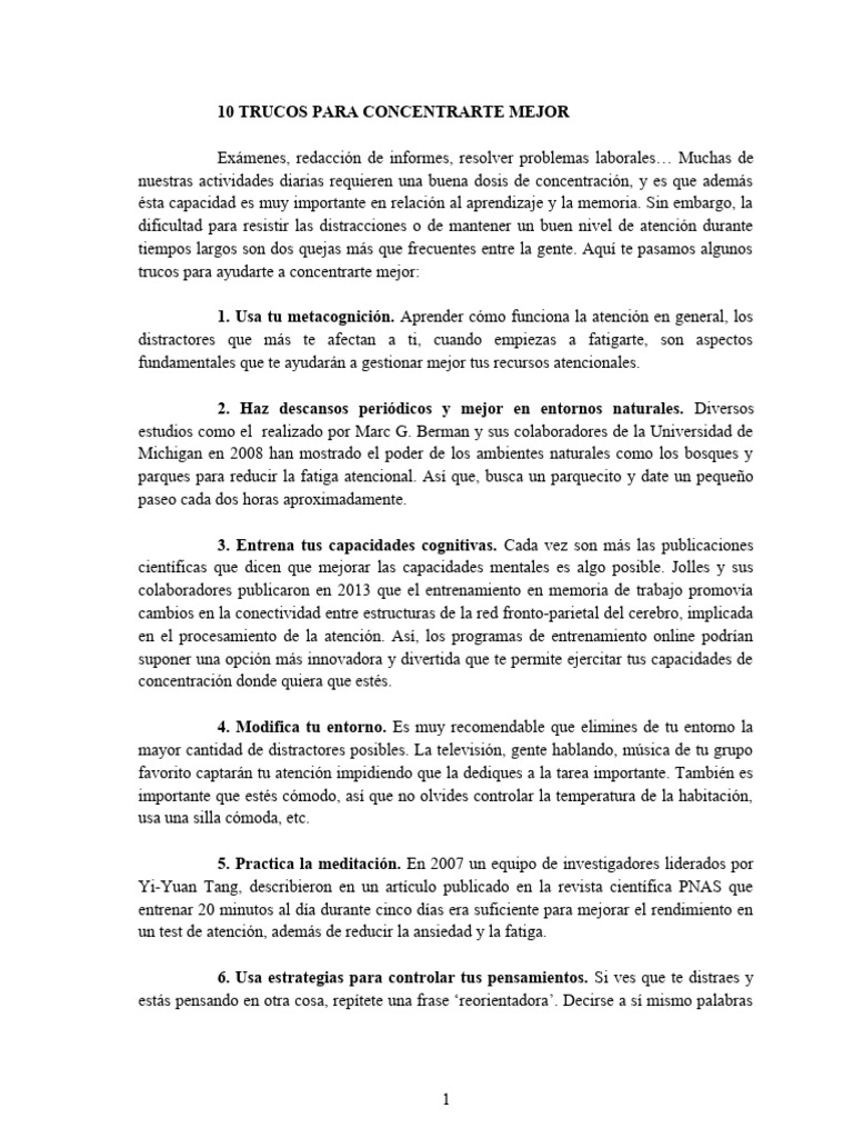10 Trucos para Concentrarte Mejor | PDF | Atención | Aprendizaje 10 Trucos para Concentrarte Mejor | PDF | Atención | Aprendizaje