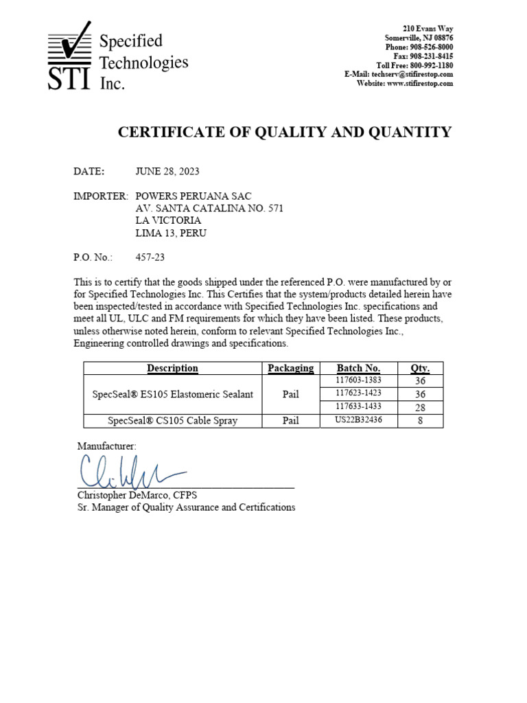Certificate of Quality and Quantity - Powers Peruana SAC - ES105 ...