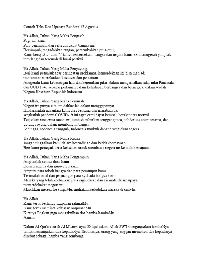 Contoh Teks Doa Upacara Bendera 17 Agustus | PDF | Agama & Spiritualitas