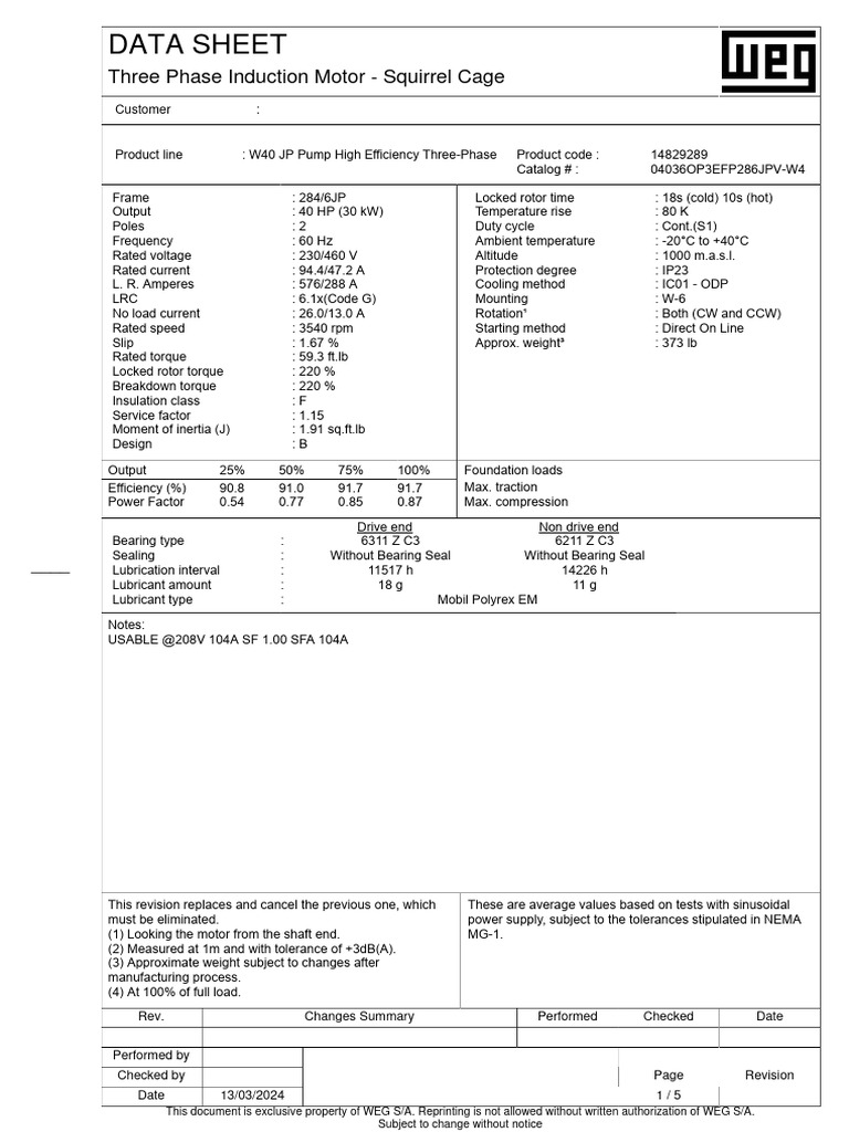 Data Sheet Motor Electrobomba | PDF | Electric Motor | Electrical ...