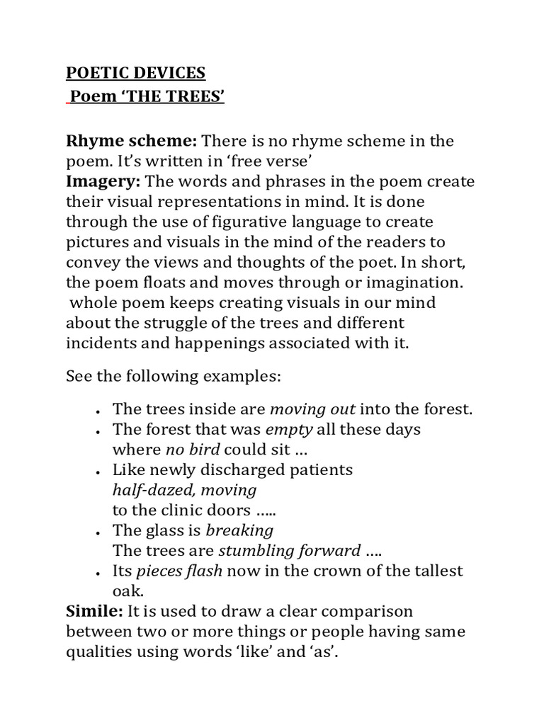 Poetic Devices - Trees Poem | PDF | Poetry