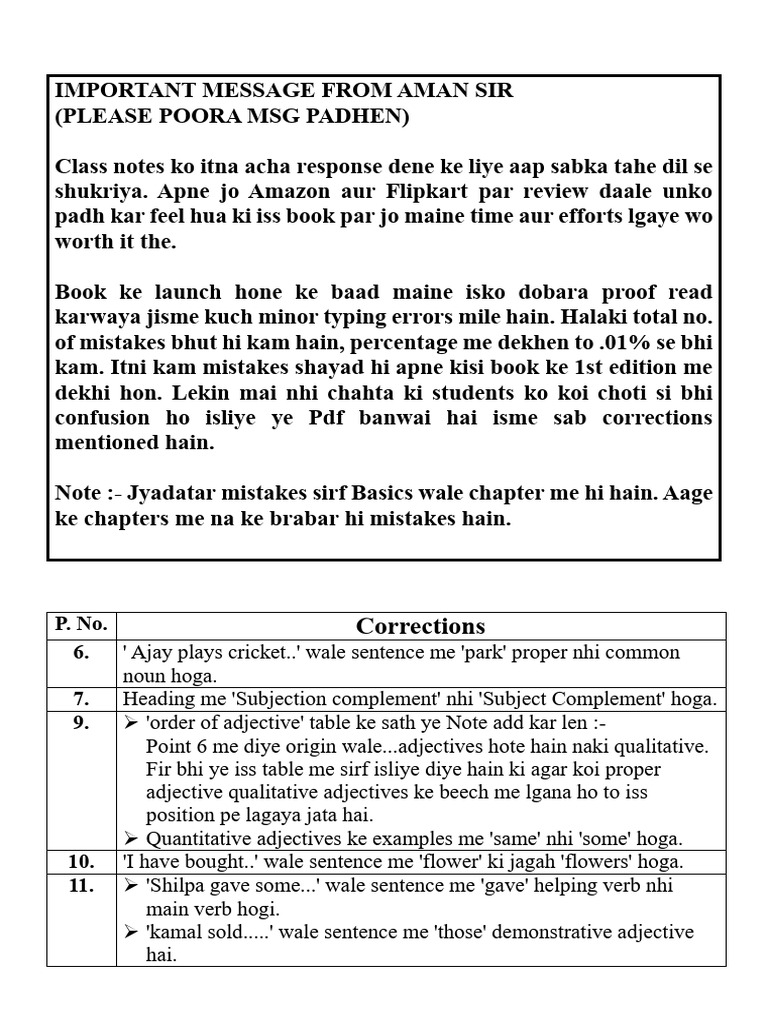 Aman Sir Classnotes Corrections | PDF | Verb | Noun