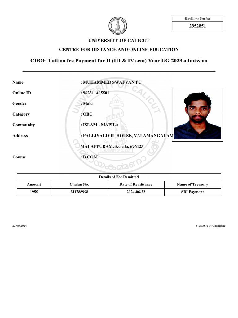 CDOE Tuition Fee Payment For II (III & IV Sem) Year UG 2023 Admission | PDF