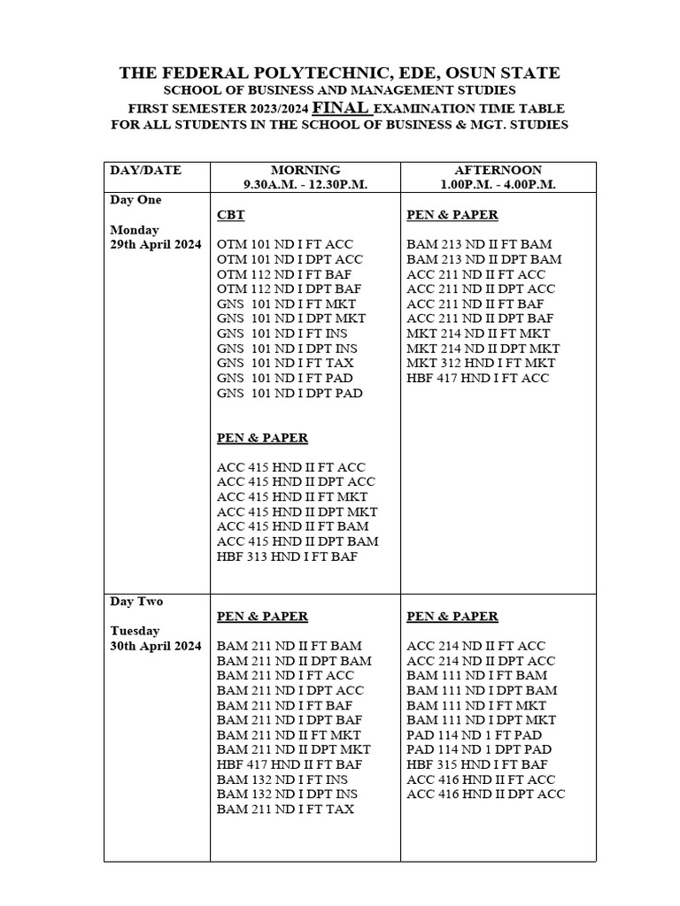 SBMS 1ST SEMESTER FINAL EXAM TIMETABLE 2023-2024 | PDF