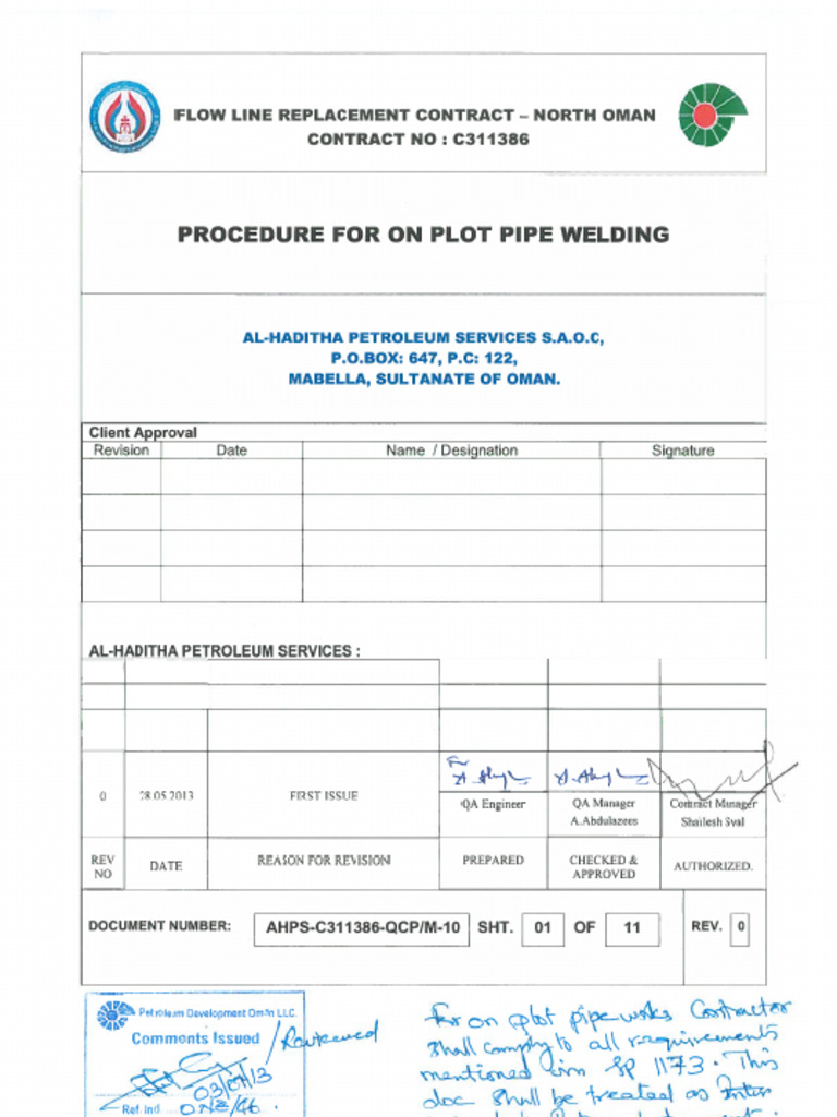 QCP-M-10_0 - Procedure for on-Plot Pipe Welding - Approval Not Required | PDF