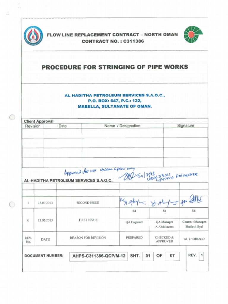 QCP-M-12 - 1 - Procedure For Stringing of Pipeworks | PDF