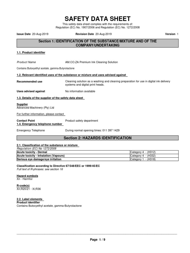 AM.CO.ZA Ink Cleaning Solution SDS | PDF | Dangerous Goods | Toxicity