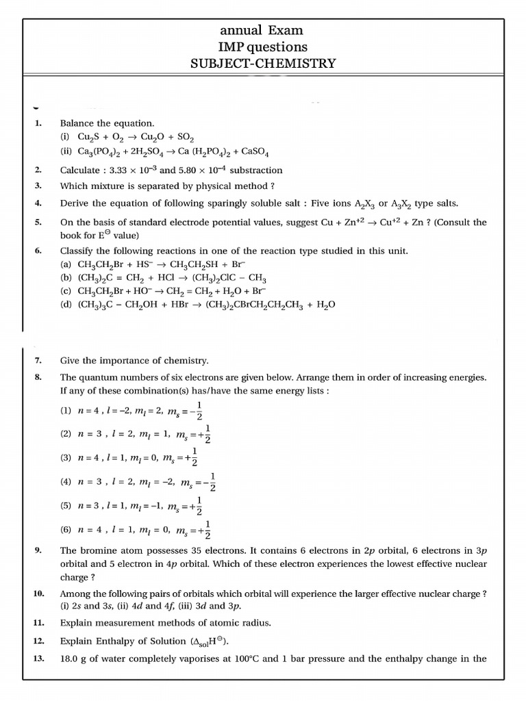 SUBJECT-CHEMISTRY IMP Questions | PDF