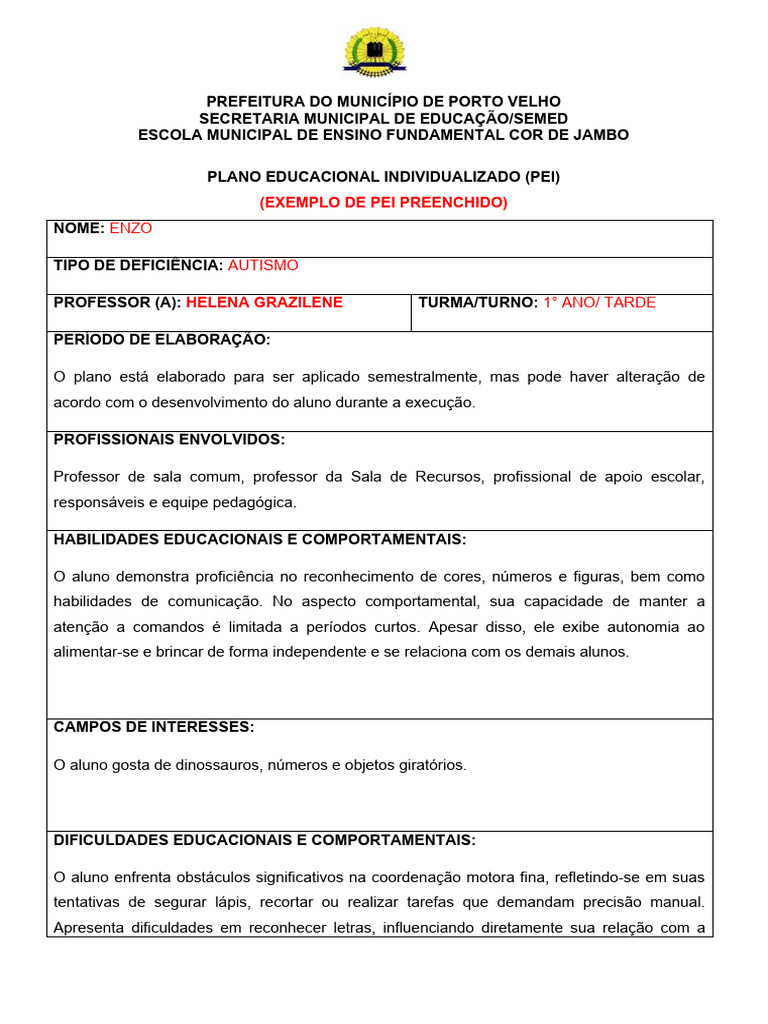 Exemplo de PEI para Aluno com Autismo | PDF | Pedagogia